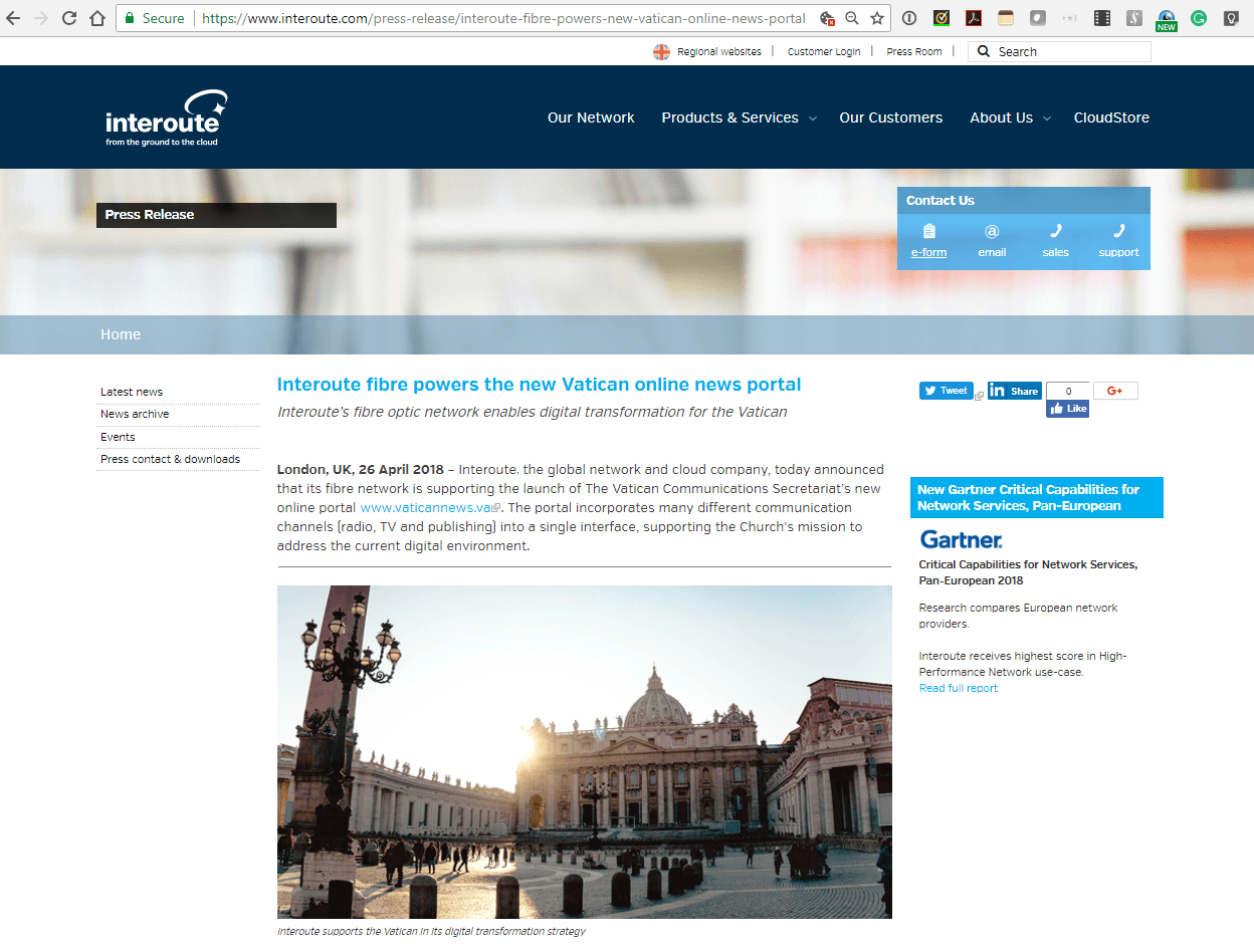 Interoute connects the Vatican to its fibre backbonev - Converge Digest