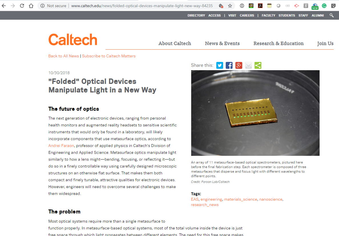 Caltech research investigates metasurface optics for bending light ...